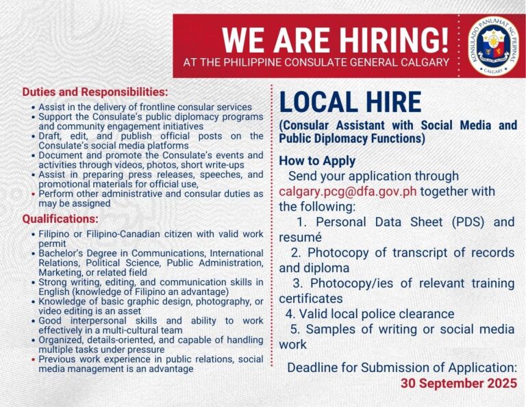 We are hiring! At The Philippine Consulate General Calgary – Philippine ...